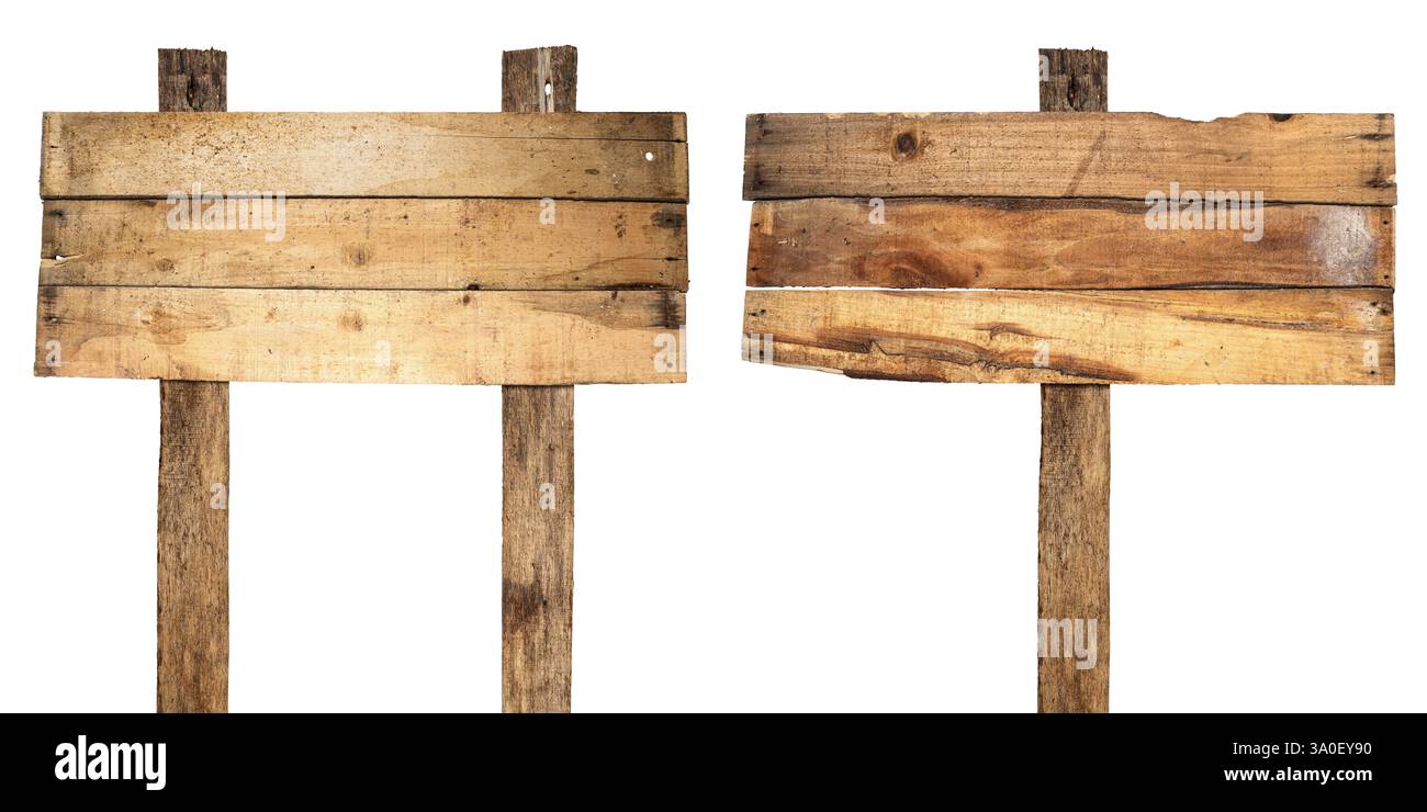 Collection of brown wooden signposts or billboards isolated over a ...