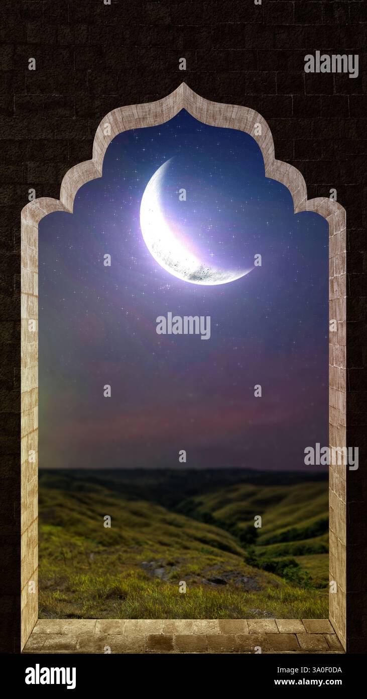 View of mosque door with landscape and crescent moon in the night scene ...