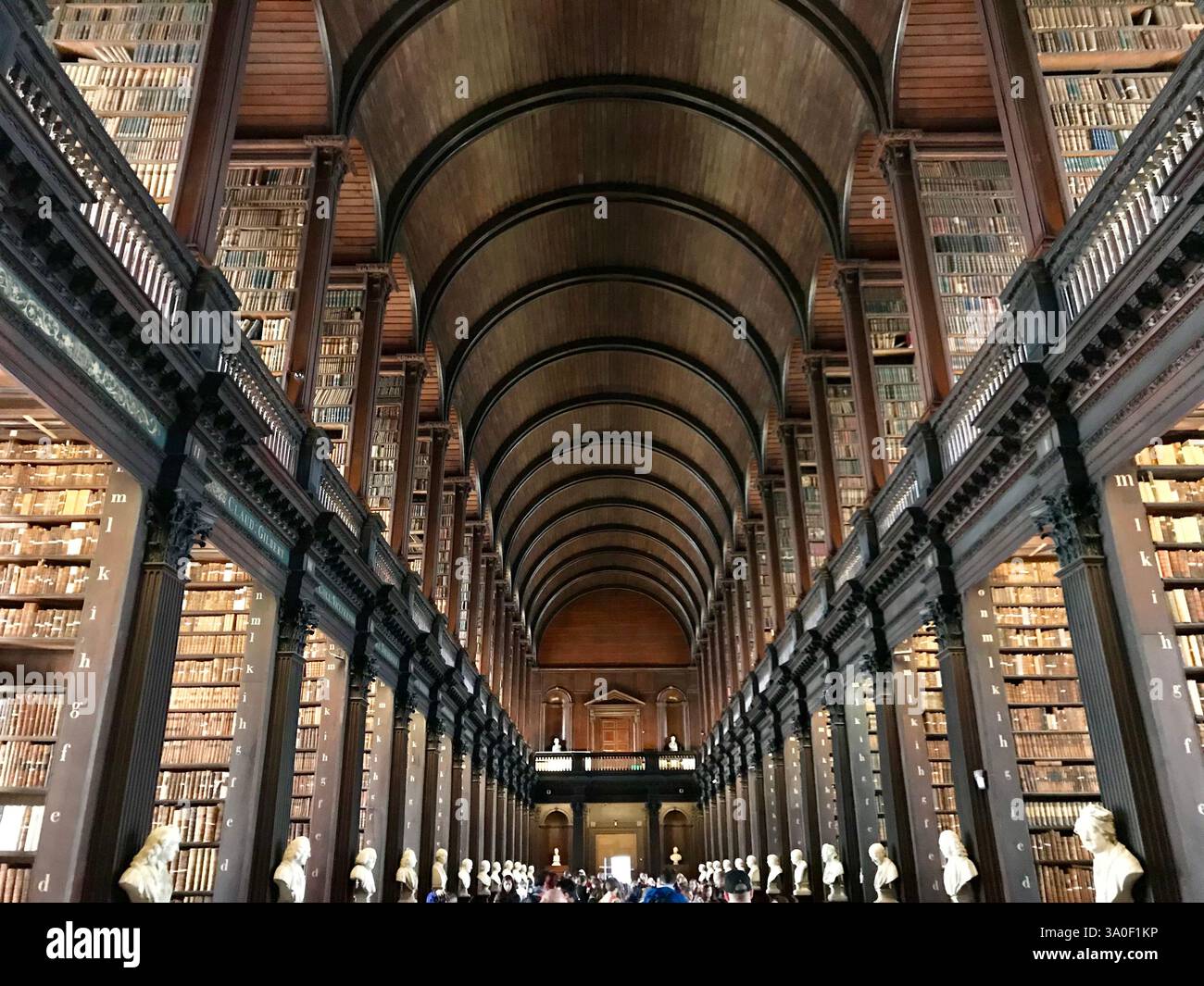 The breathtaking Long Room Library at Trinity College Dublin, Ireland, featuring towering wooden ...