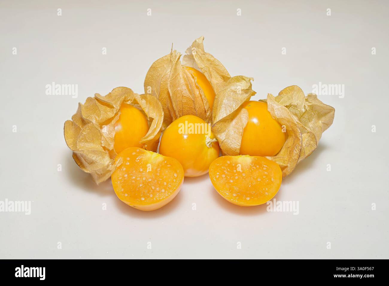 Close-up of ripe cape gooseberry fruits, with yellow berries cut length ...
