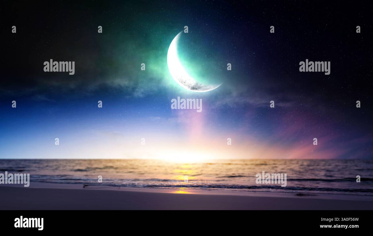 Islamic night sunset with a view of the ocean and the crescent moon ...