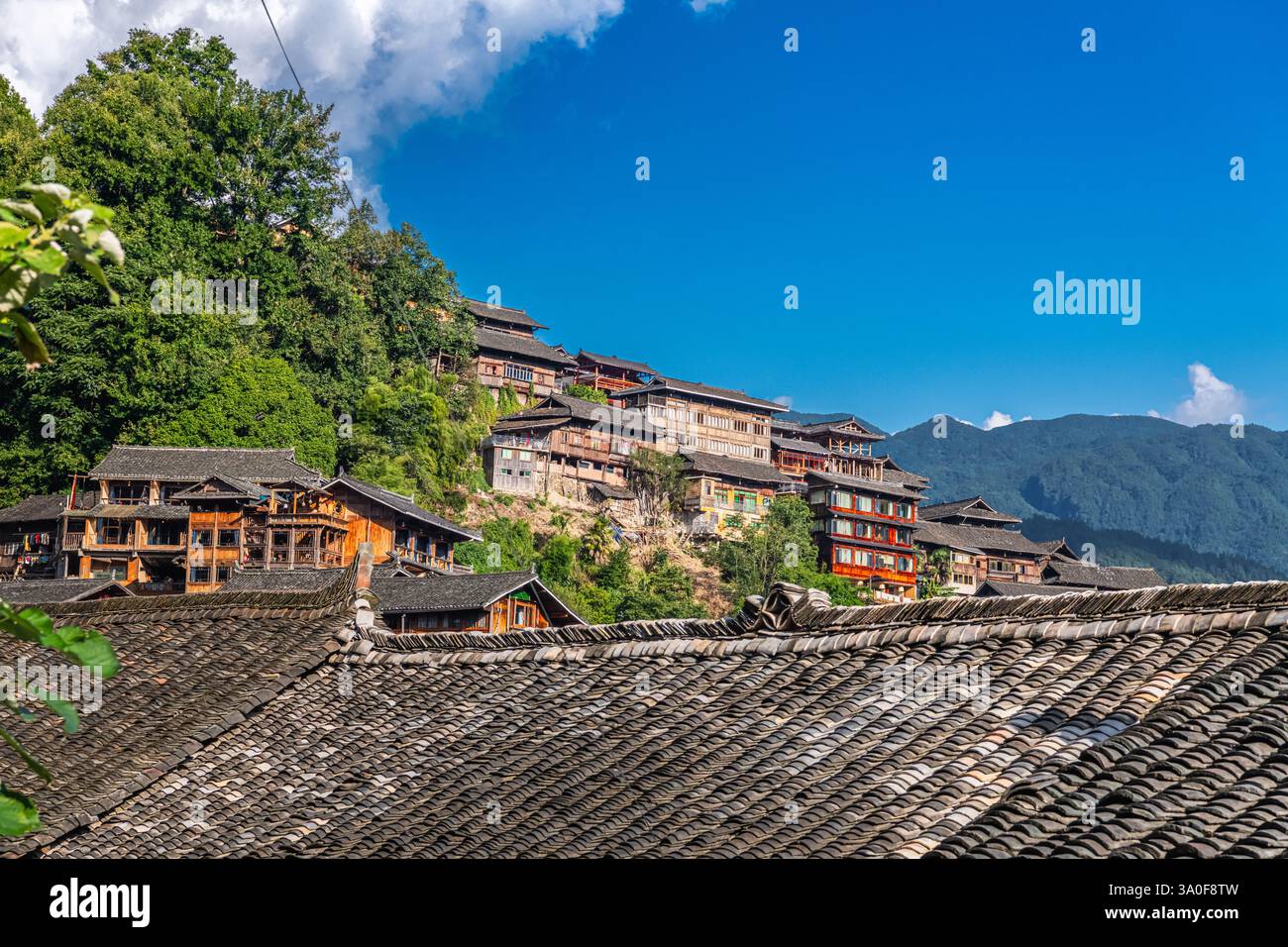Aerial view of ancient remote village in Guizhou, China, background ...