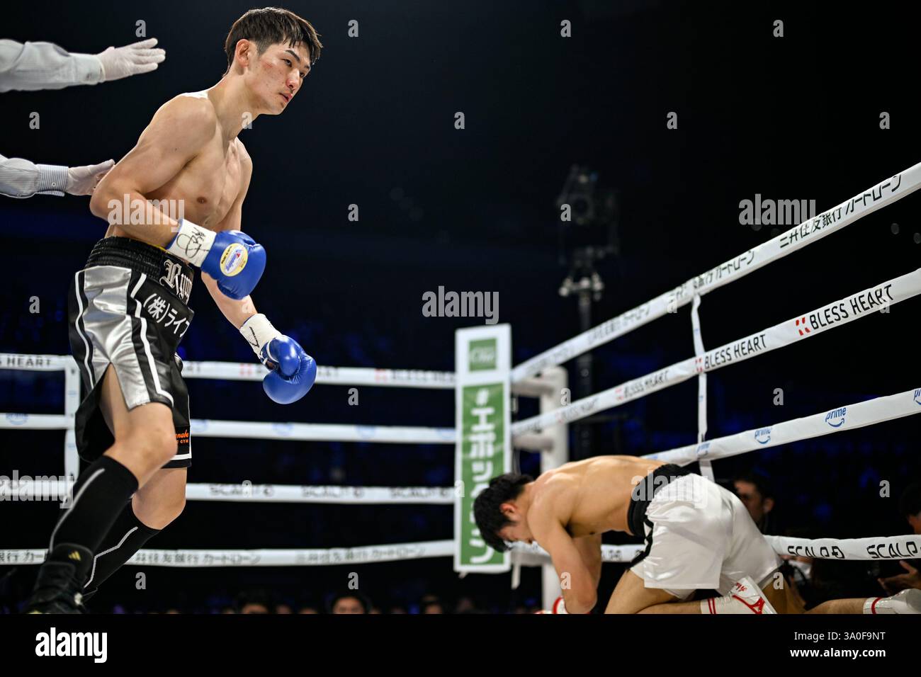 Ryuya Moriai (blue gloves) knocks down Eigoro Akai (red gloves) in the ...