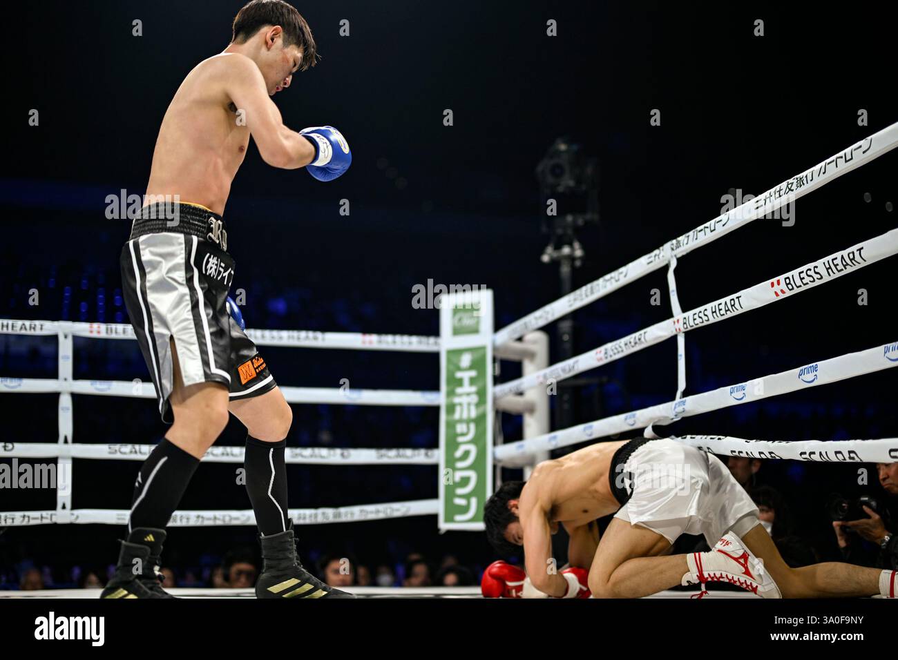Ryuya Moriai (blue gloves) knocks down Eigoro Akai (red gloves) in the ...