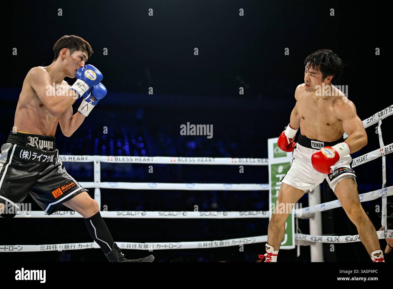 Ryuya Moriai (blue gloves) knocks down Eigoro Akai (red gloves) in the ...