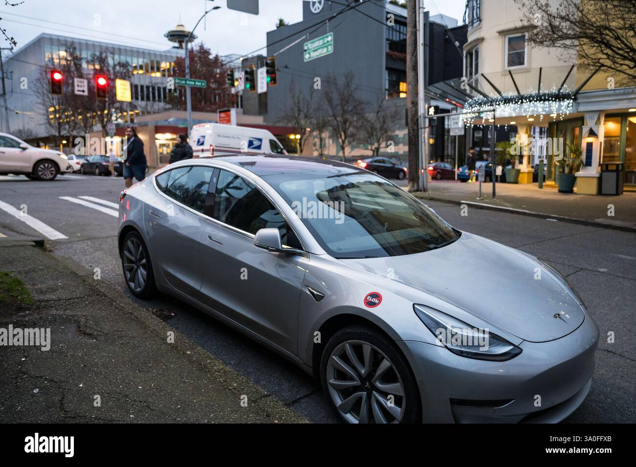 Seattle, USA. 3rd Mar 2025. Anti - Elon Musk stickers seen on a Tesla ...