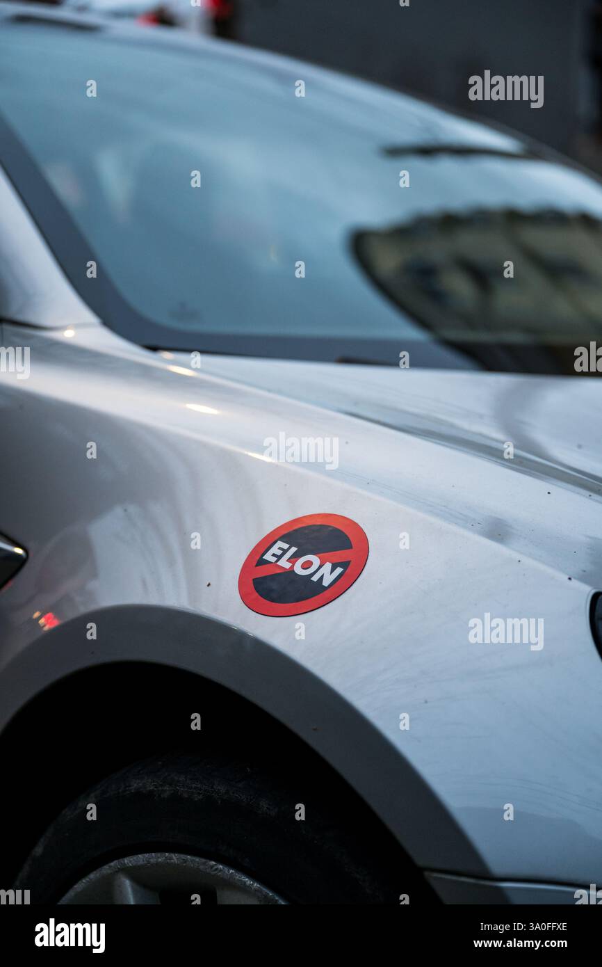 Seattle, USA. 3rd Mar 2025. Anti - Elon Musk stickers seen on a Tesla ...