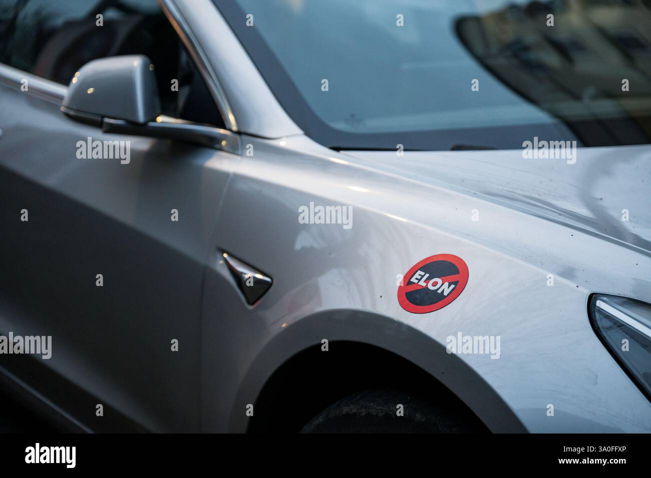 Seattle, USA. 3rd Mar 2025. Anti - Elon Musk stickers seen on a Tesla ...