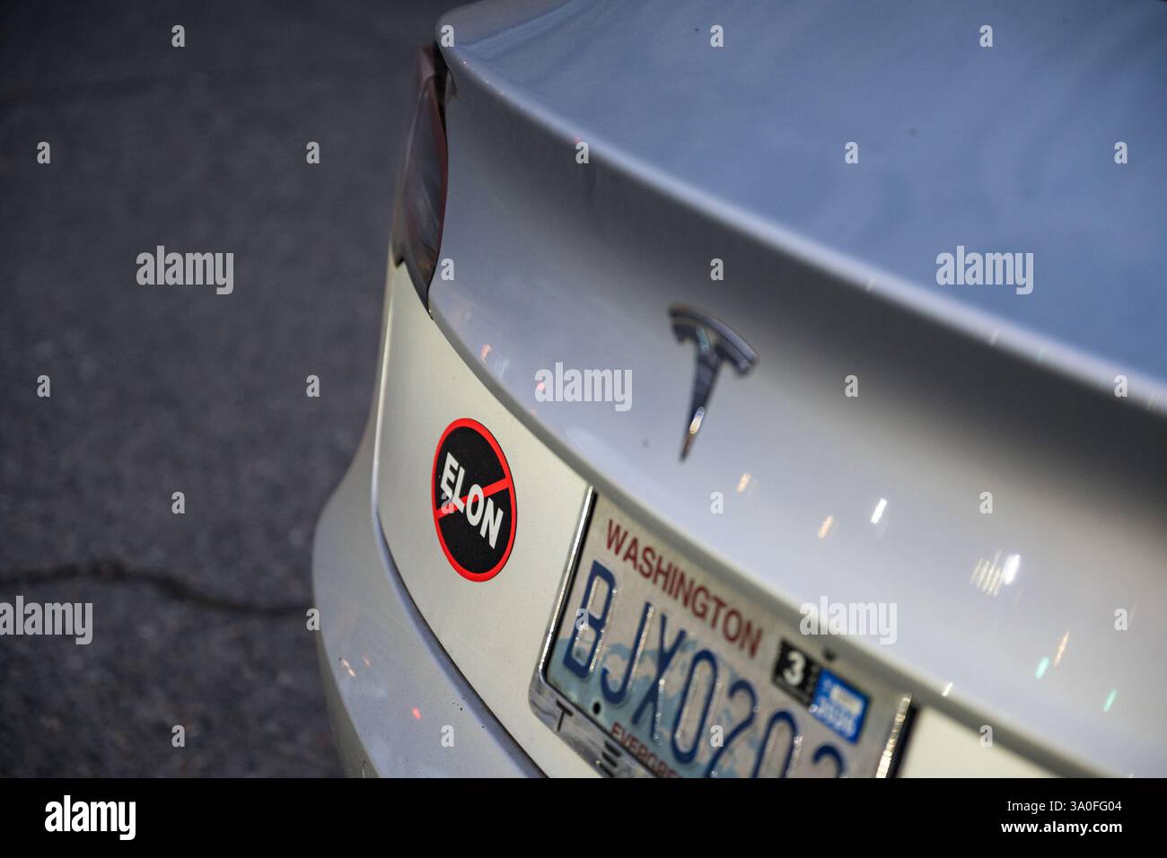 Seattle, USA. 3rd Mar 2025. Anti - Elon Musk stickers seen on a Tesla ...