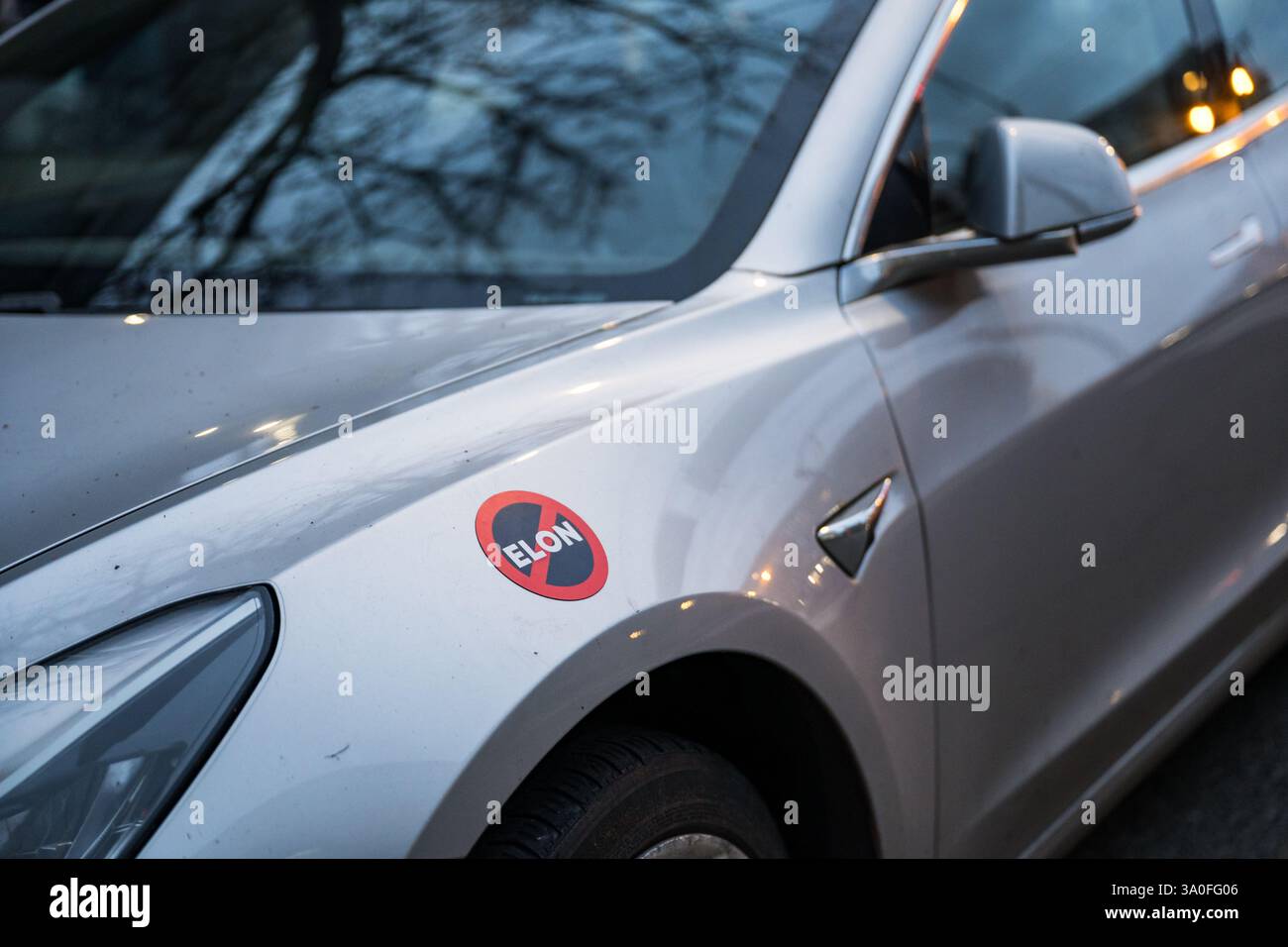 Seattle, USA. 3rd Mar 2025. Anti - Elon Musk stickers seen on a Tesla ...