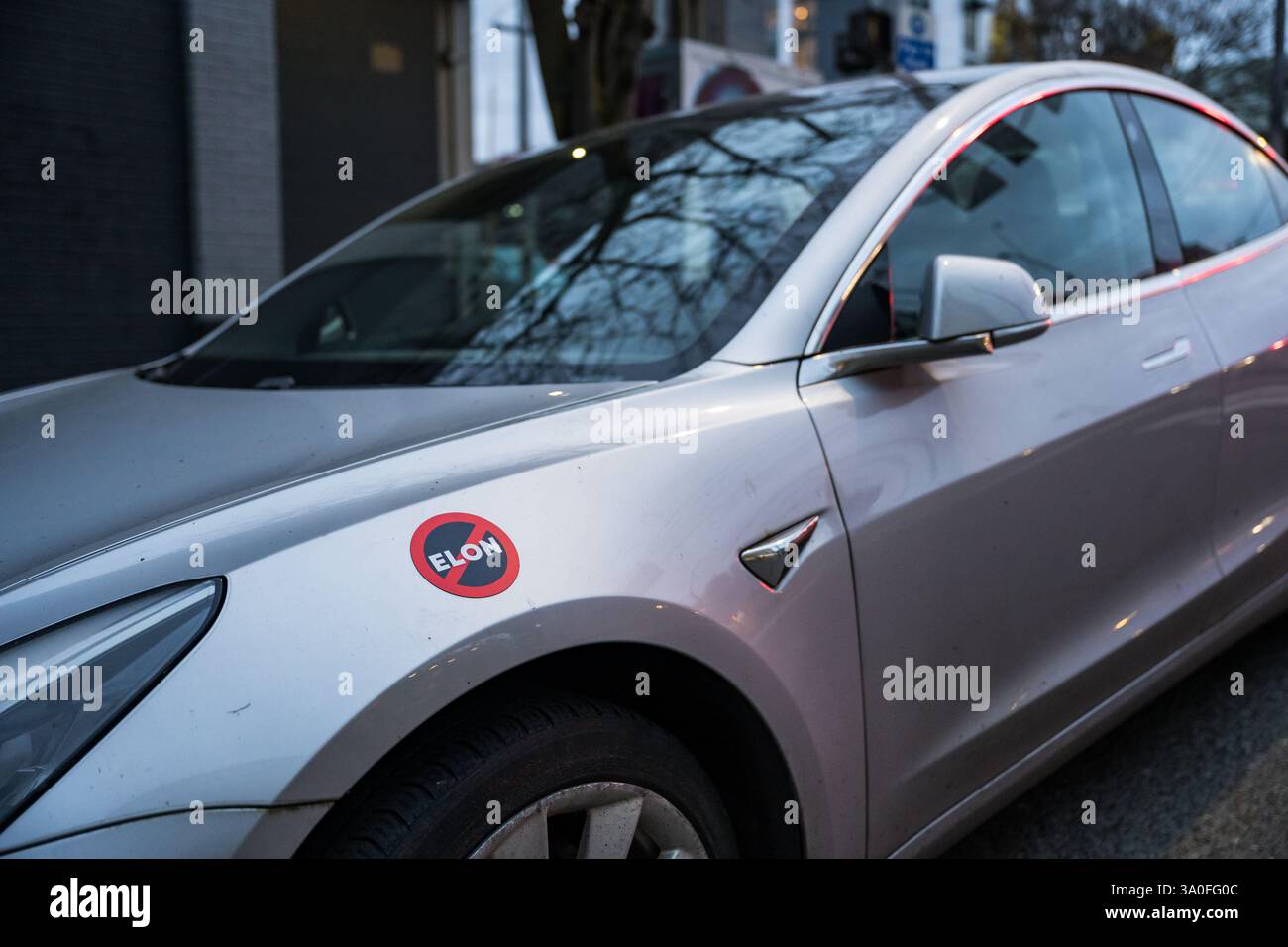Seattle, USA. 3rd Mar 2025. Anti - Elon Musk stickers seen on a Tesla ...