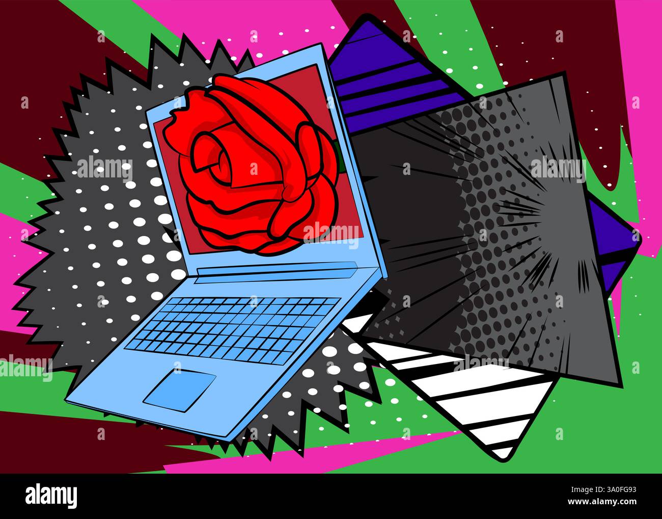 Cartoon Laptop, comic book Notebook with Red Rose. Retro vector comics ...