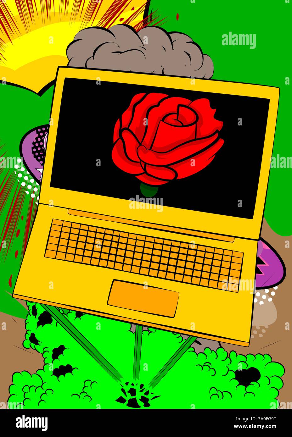 Cartoon Laptop, comic book Notebook with Red Rose. Retro vector comics ...