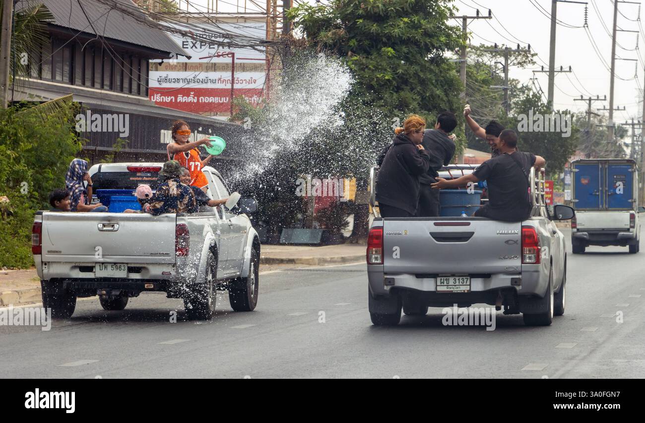 BANGKOK, THAILAND, APR 13 2024, A people spray water on each other from ...