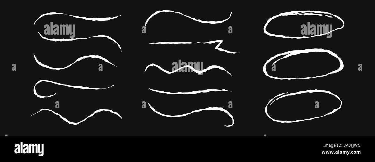 Hand drawn chalk lines and circles set. White pastel underlines and ...