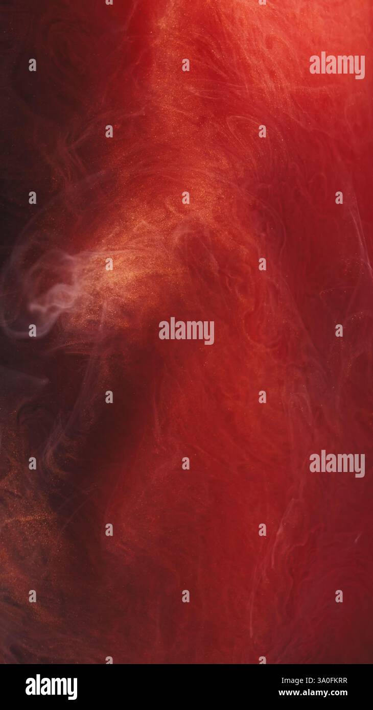 Fog fluid. Haze paint. Red orange color smoke wave curl spill flow in ...