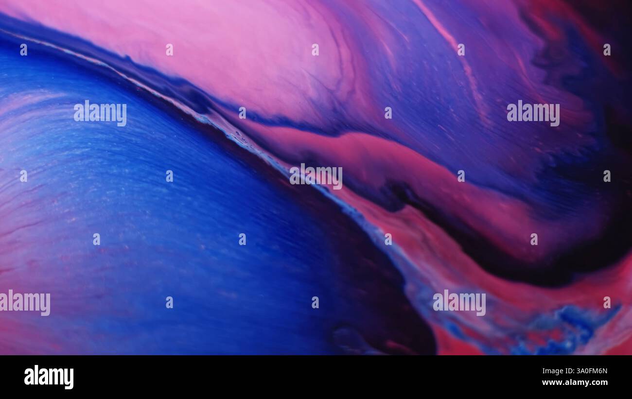 Paint emulsion. Acrylic wave. Defocused blue pink color chemical splash ...