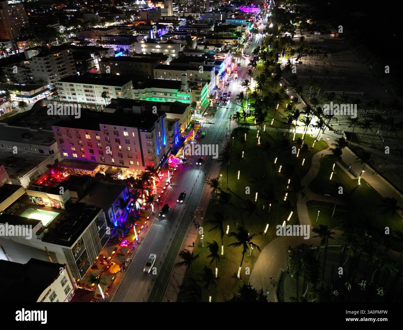 Miami skyline at night from a drone. Aerial view of Miami Beach on ...