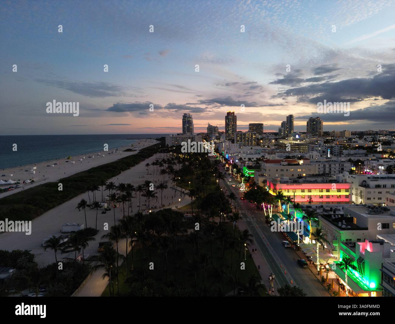 Night in Miami. Aerial view of Miami Beach at night. Miami beach with ...