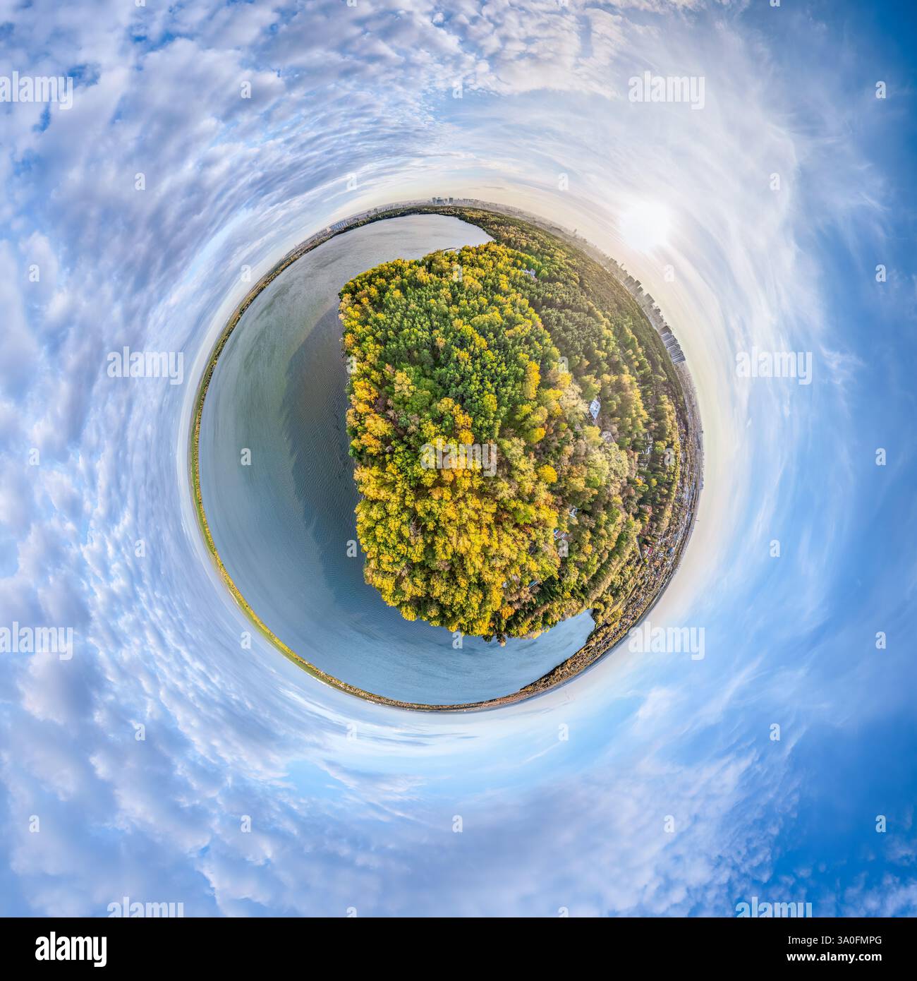 Big lake system in bright sun light, aerial landscape. Recreation ...