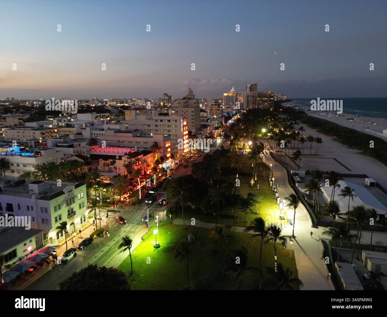 Miami skyline at night from a drone. Aerial view of Miami Beach on ...