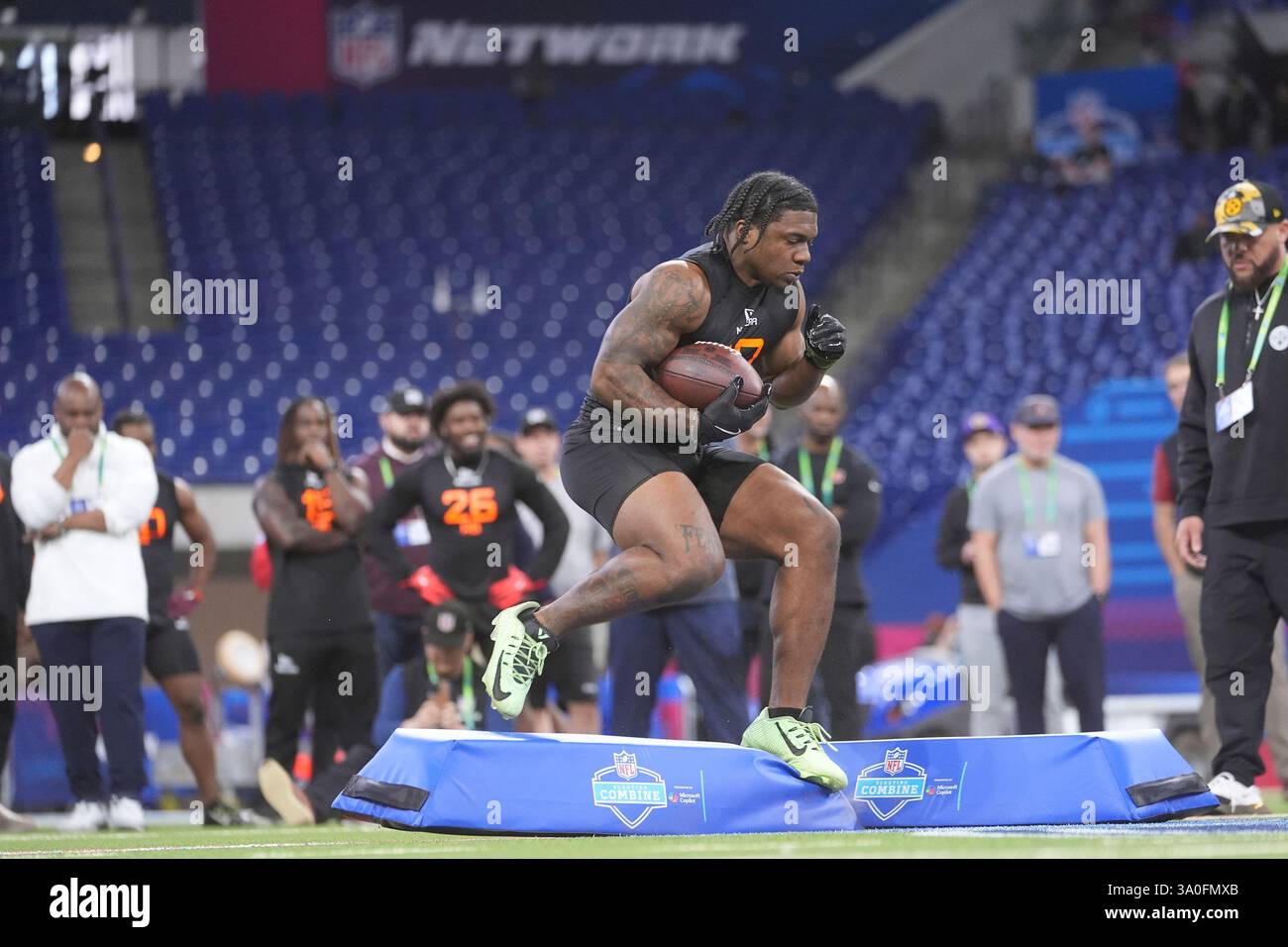 Central Florida running back RJ Harvey runs a drill at the NFL football ...