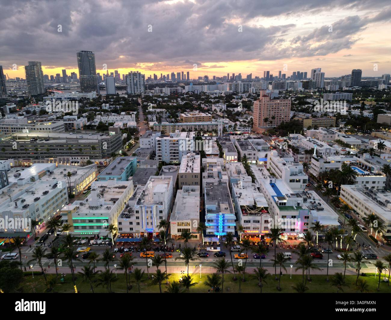 Night in Miami. Aerial view of Miami Beach at night. Miami beach with ...