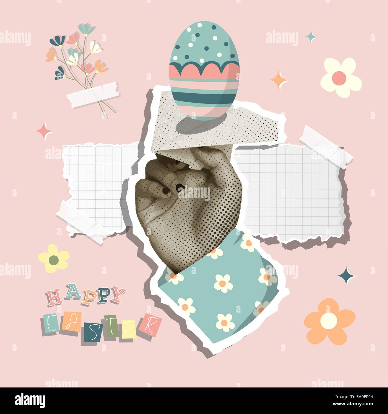 Easter collage with decorative eggs and hands in playful design, vector ...