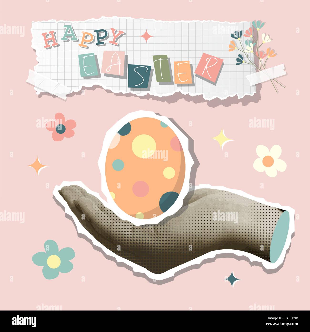 Happy Easter collage featuring a hand holding a polka dot egg, vector ...