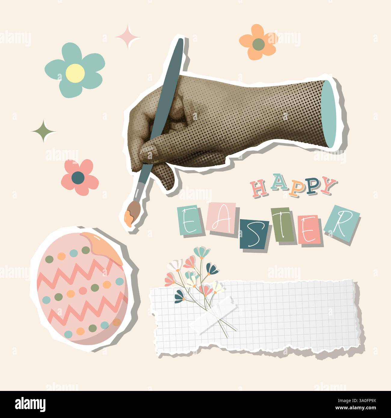 Happy Easter collage with hand painting an egg, vector illustration ...