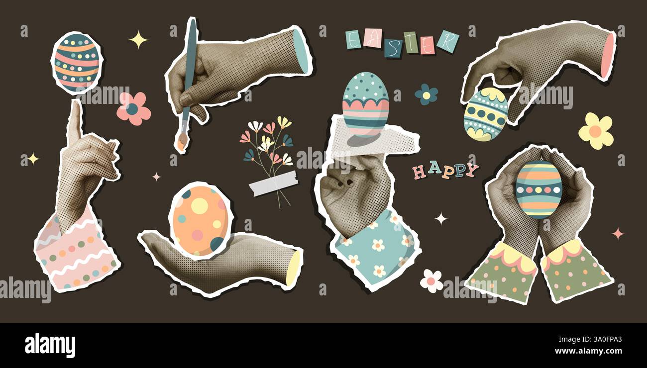 Set of Easter-themed collage illustrations with eggs and hands, vector ...
