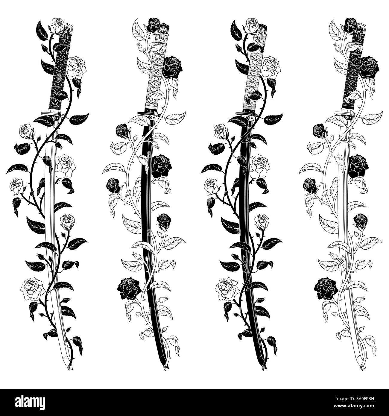 Samurai sword surrounded by a plant, feudal ancient Japanese katana ...