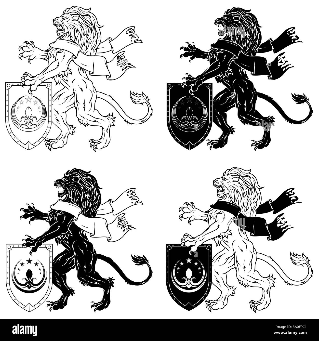 Rampant lion with ribbon and shield from medieval age, heraldic feline ...