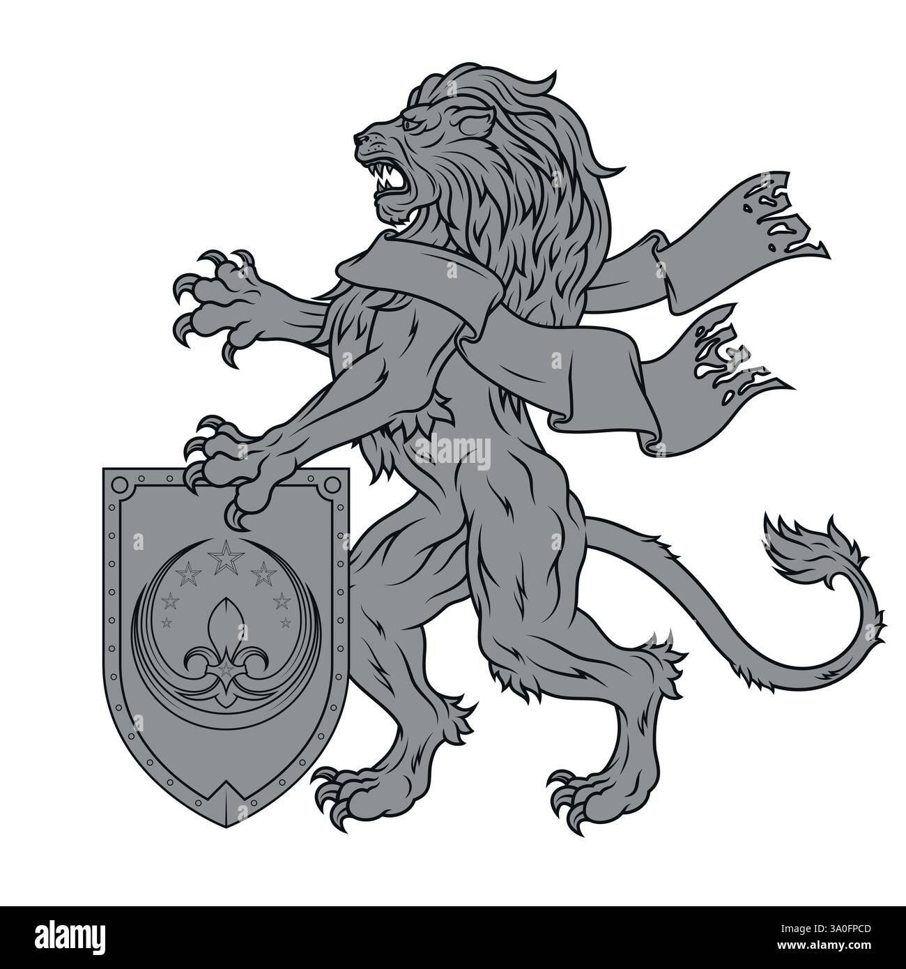 Rampant lion with ribbon and shield from medieval age, heraldic feline ...