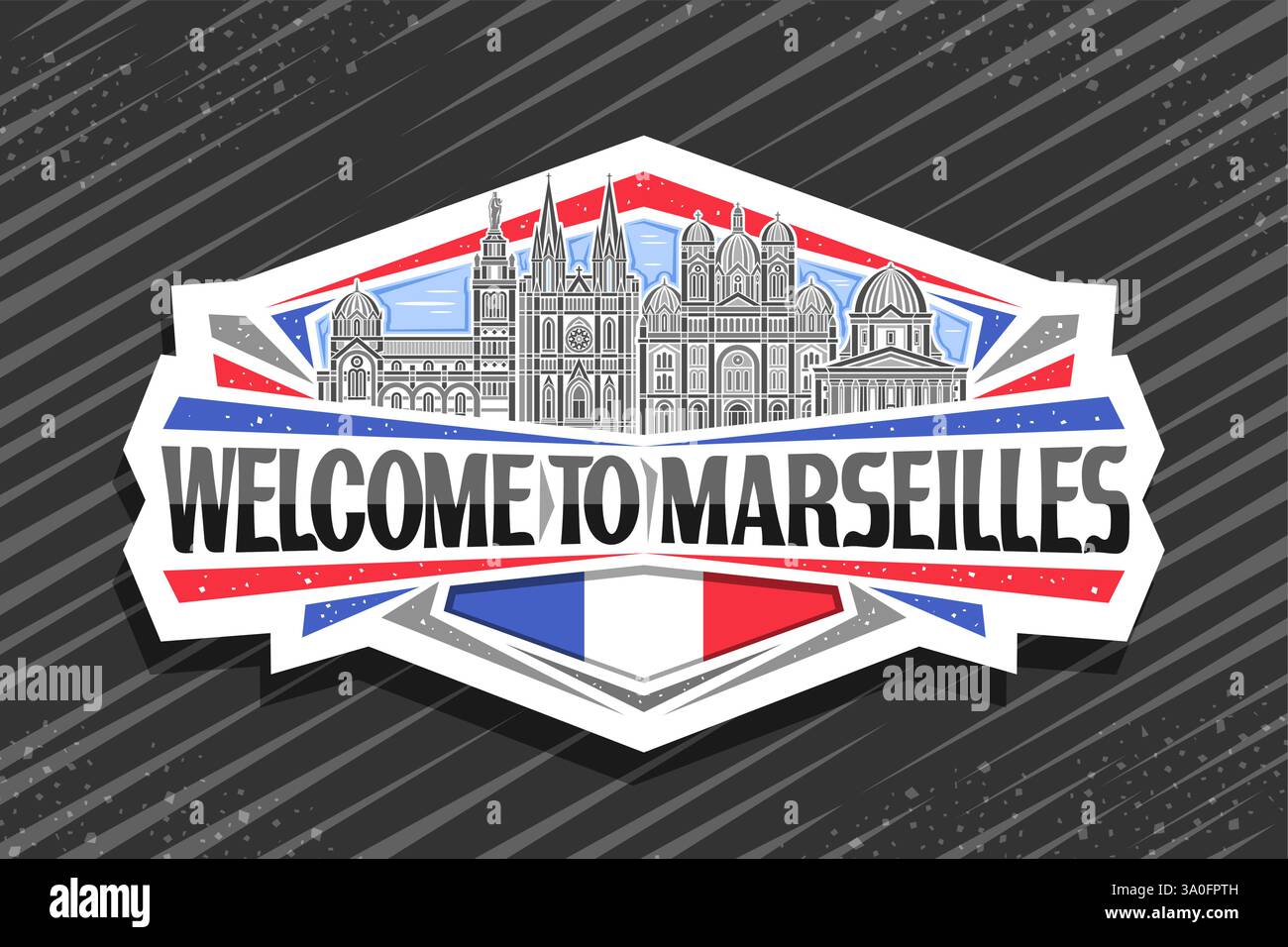 Vector logo for Marseilles, decorative cut paper tag with line ...