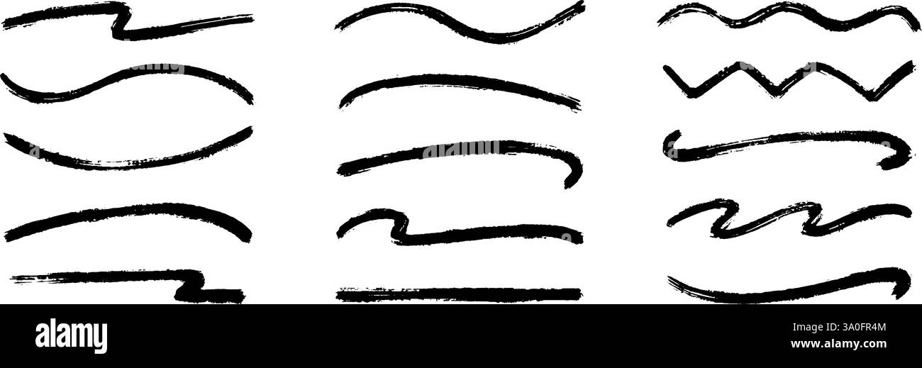 Straight, zigzag and wavy paint line set. Thick sketch brush stroke ...