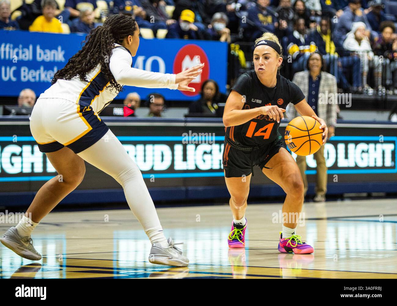 March 02 2025 Berkeley CA, USA Miami guard Haley Cavinder(14)drives to ...