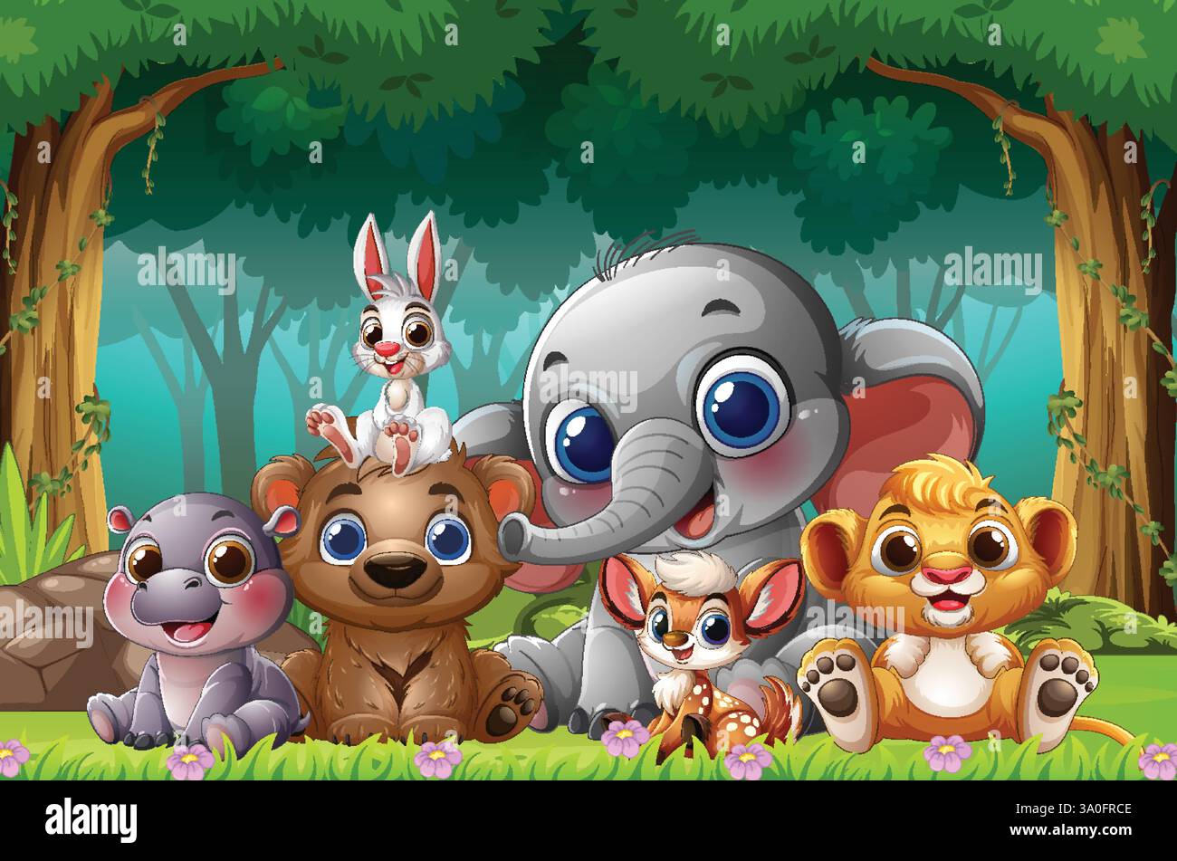 Cute animals sitting together in a lush forest Stock Vector Image & Art ...