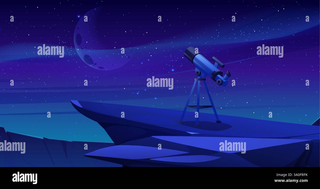 Telescope on mountain under starry night sky. Vector cartoon ...