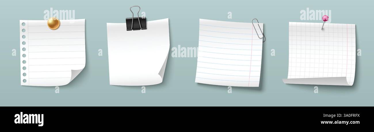 Paper notes with different fasteners. Lined sheet with metal clasp ...