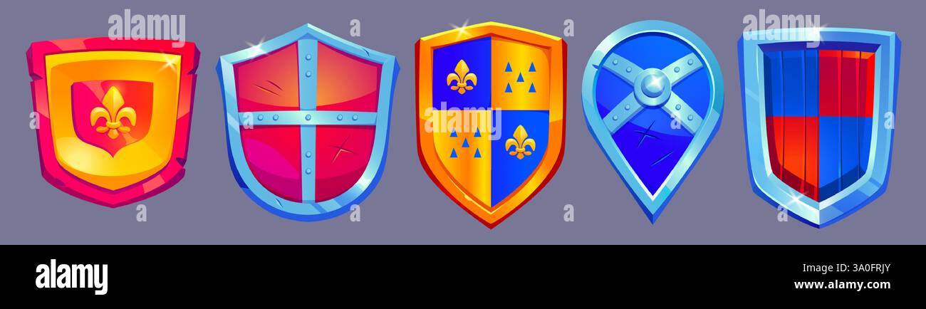 Medieval cartoon shields in red, blue and yellow colors with metallic ...