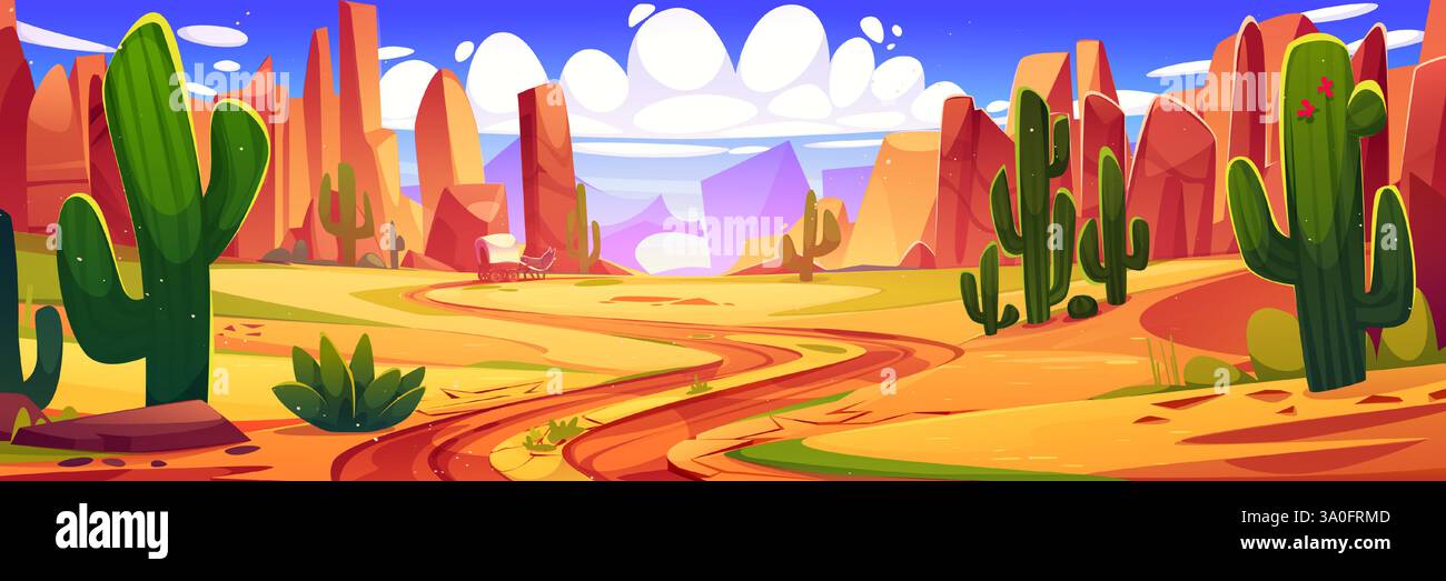 Panoramic wild west desert with rock mountains and green cactus ...