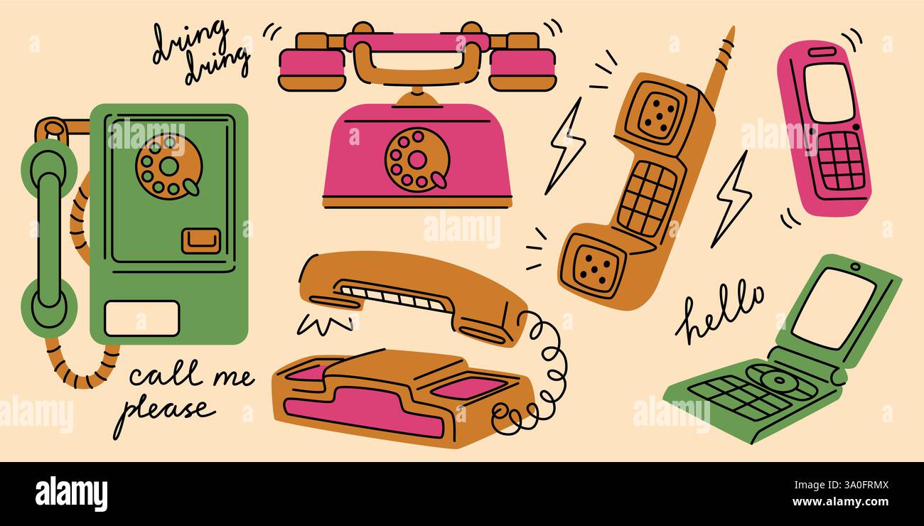 Vintage phone cartoon collection with rotary payphone, landline, flip ...