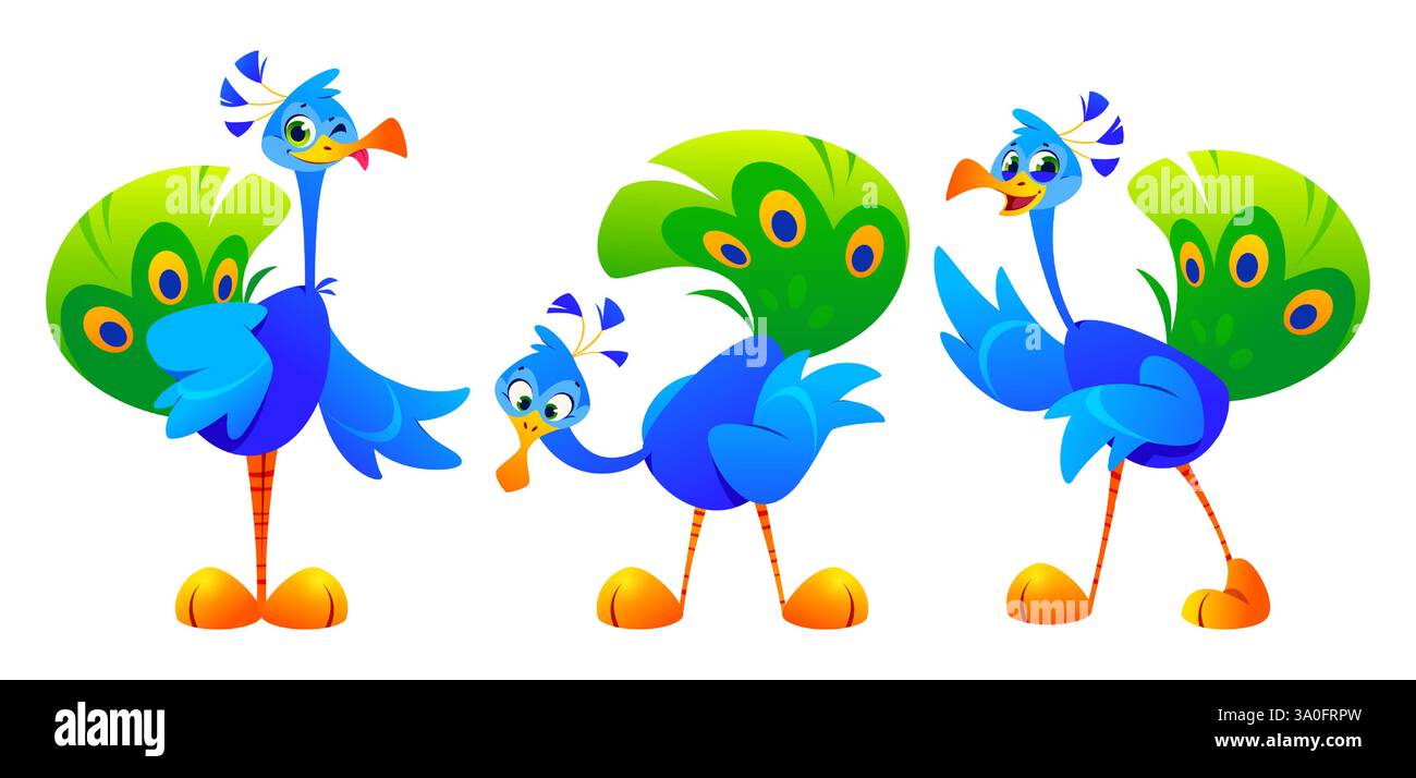 Cute peacock cartoon character set with bright blue bodies, vibrant ...