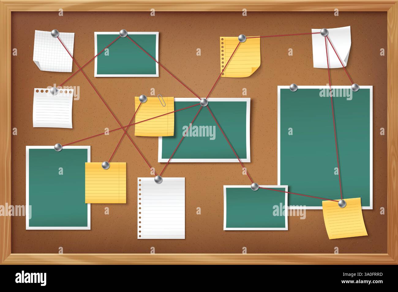 Detective board with pinned paper notes, photos and documents connected ...