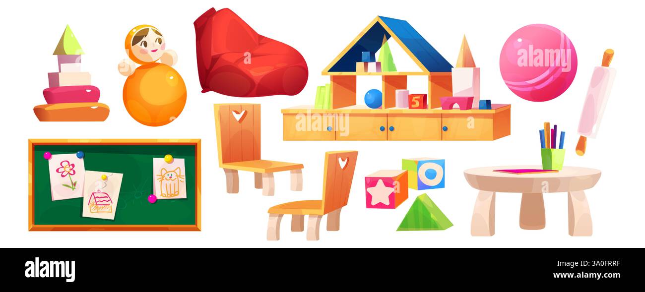 Kindergarten items with toys and wooden furniture - building blocks and ...