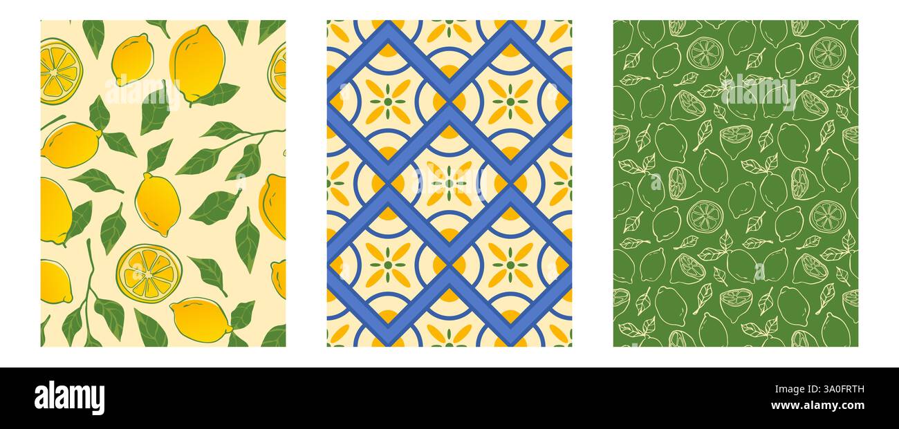Amalfi Mediterranean coast pattern - bright yellow lemons with green ...