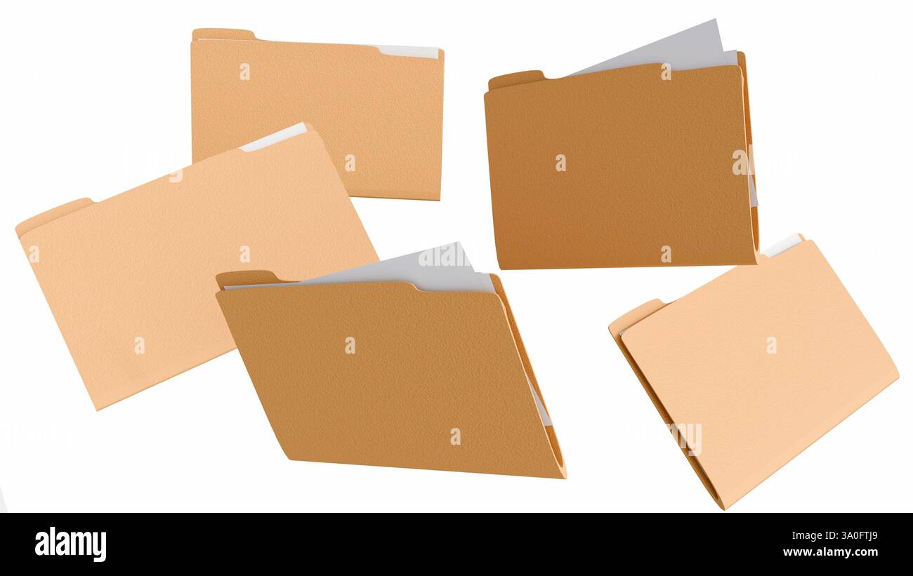 A 3d rendering of standard light brown file folders. Each folder ...
