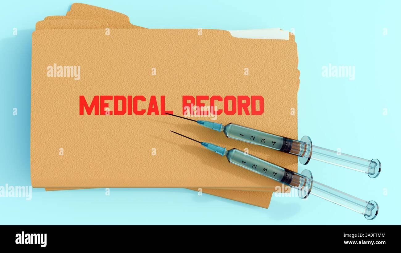 A 3d rendering of medical record folder juxtaposed with medical syringe ...