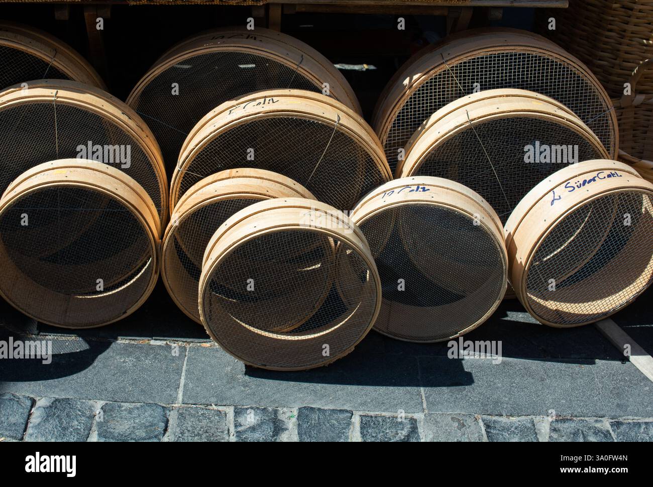 Traditional type sieves made of wood Stock Photo - Alamy